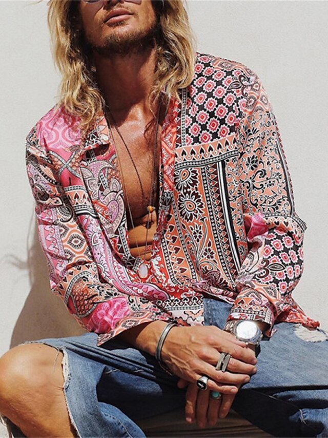 Hombre Camisa camisa boho Camisa gráfica Cachemir Tribal Cuello Vuelto ...