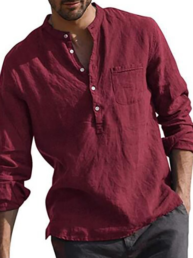 Per uomo camicia di lino Camicia Henley Henley Tinta unica Bianco Nero ...