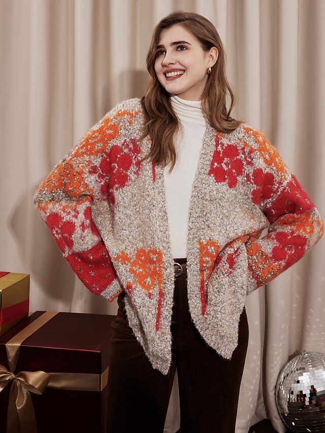 Women's Sweater Jacket Ribbed Open Front Knit Floral Knitted Acrylic ...