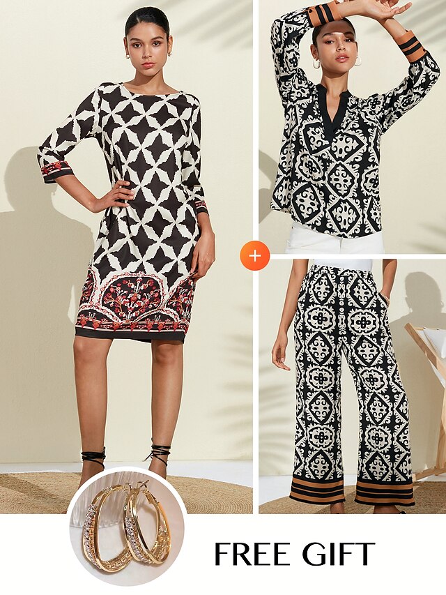 (Free Earrings)Geometric Print Dress & Geometric Top & Casual Pants ...
