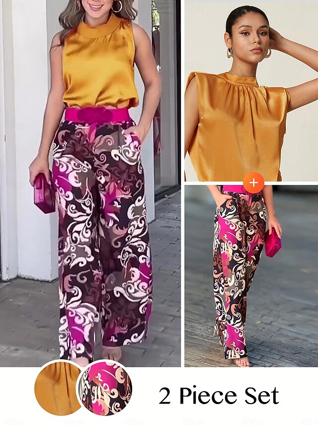 High Collar Pleats Satin Top&Printed Wide Leg Pants Matching Sets Ador ...