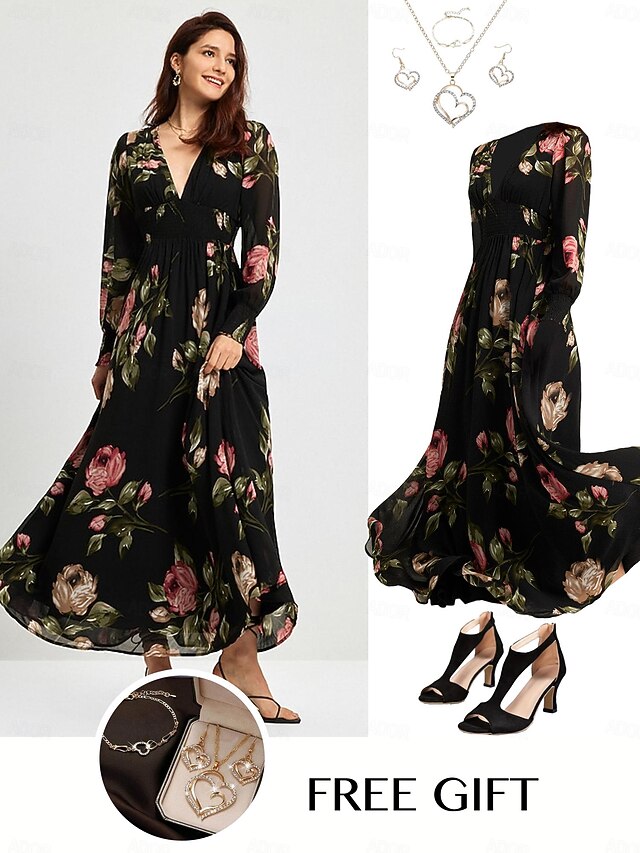 (Free Jewelry Set) Black Maxi Dress & Sandals Matching Sets Ador Black ...