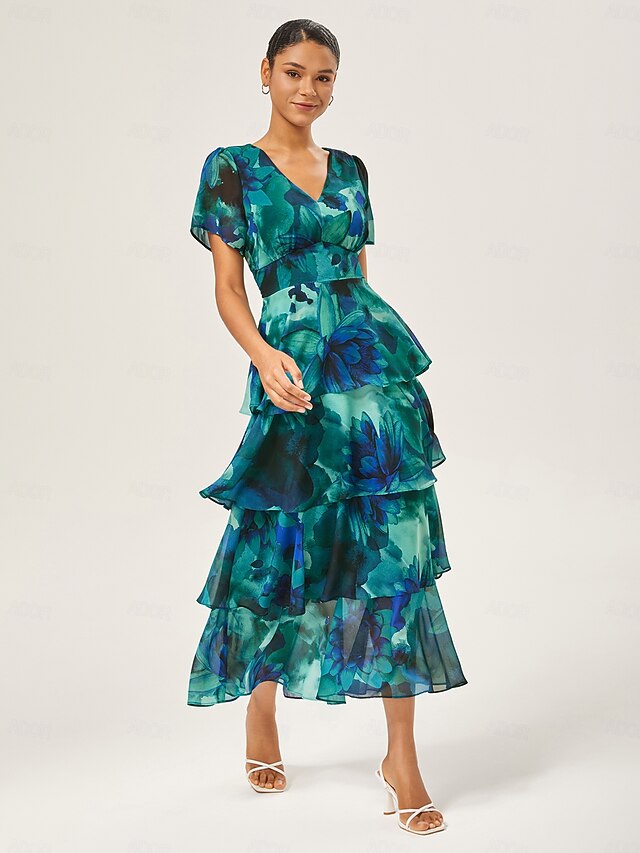 Women's Wedding Guest Party Maxi Chiffon Dress V Neck Flowy Multicolor ...