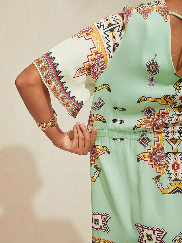 Vacation Vintage Ethnic Geometric Pattern Satin Midi Dress Ador Green ...