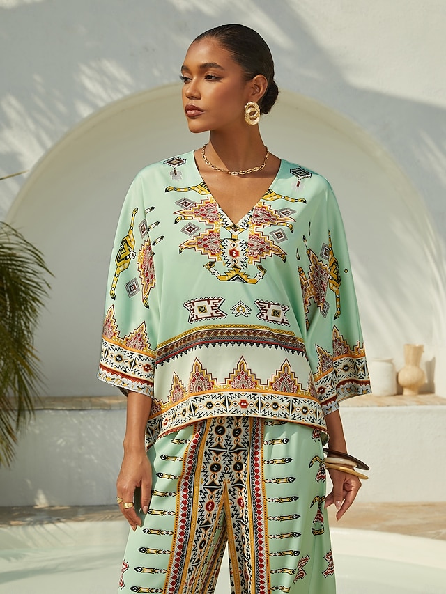 Vacation Vintage Ethnic Geometric Pattern Satin Midi Dress Ador Green ...