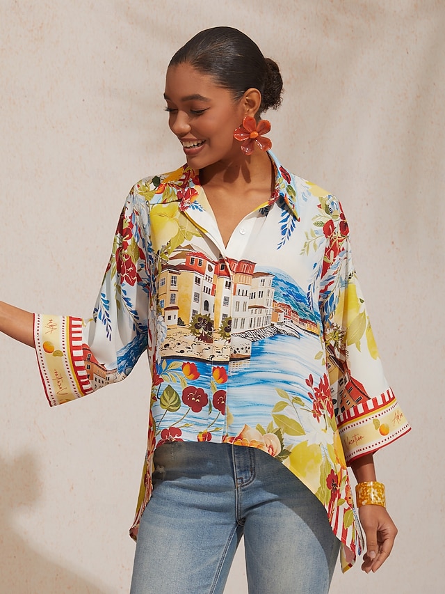 Vacation Scenic Floral Print Dolman Sleeve Chiffon Short Shirt Ador ...